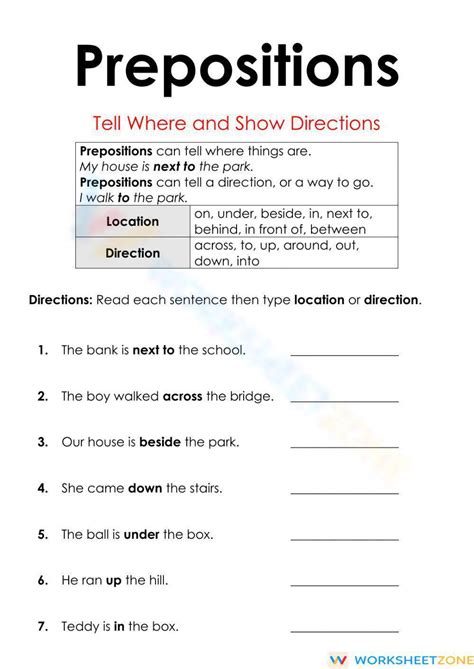 Prepositions Of Directions And Locations Worksheet