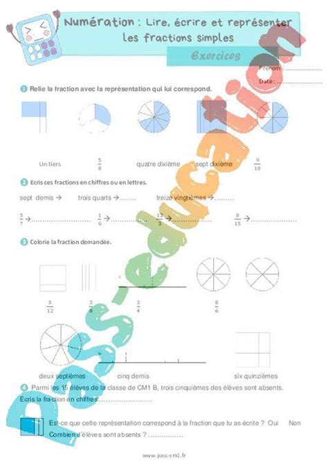 Lire écrire et représenter des fractions simples Exercices de
