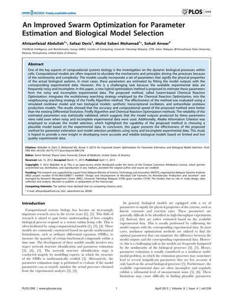 pdf an improved swarm optimization for parameter estimation and biological model selection