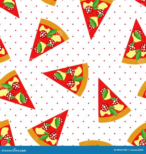 Slice Of Pepperoni Pizza Seamless Pattern On Polka Dots Background