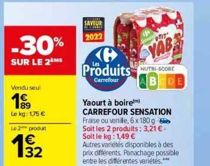 Promo Yaourt à Boire Carrefour Sensation 30 Sur Le 2ème chez