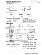 Trigonometric Identities Summary And Derivatives Cheat Sheet Course Hero
