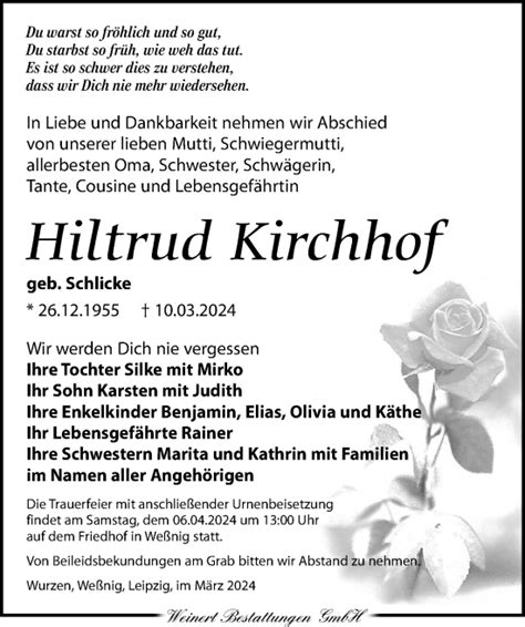 Traueranzeigen Von Hiltrud Kirchhof Trauer Anzeigen De