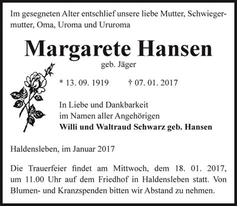 Traueranzeigen von Margarete Hansen geb Jäger abschied nehmen de