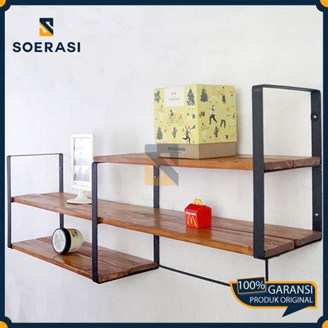 Jual Triple Lebar 20cm TORA Rak Dinding 2 Ambalan Kayu Dan Besi Buku