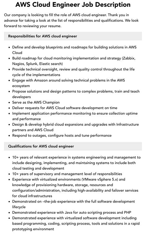 AWS Cloud Engineer Job Description Velvet Jobs