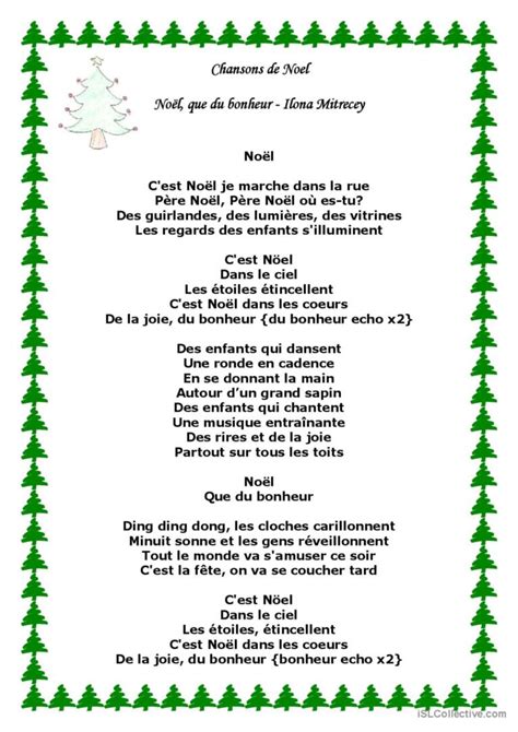 Chansons de Noel compréhension génér Français FLE fiches pedagogiques