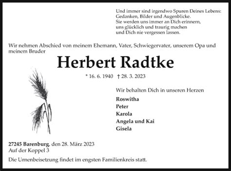 Traueranzeigen Von Herbert Radtke Trauer Nordkurier
