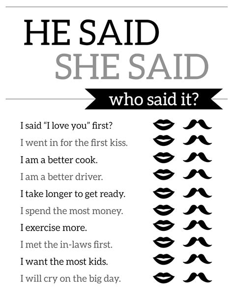 He Said She Said Bridal Shower Game Free Printable Printable Word