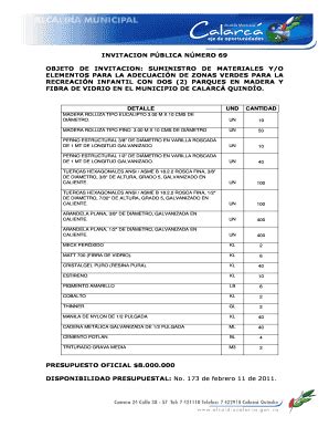 Fillable Online Calarca Quindio Gov INVITACION PBLICA NMERO 69 OBJETO