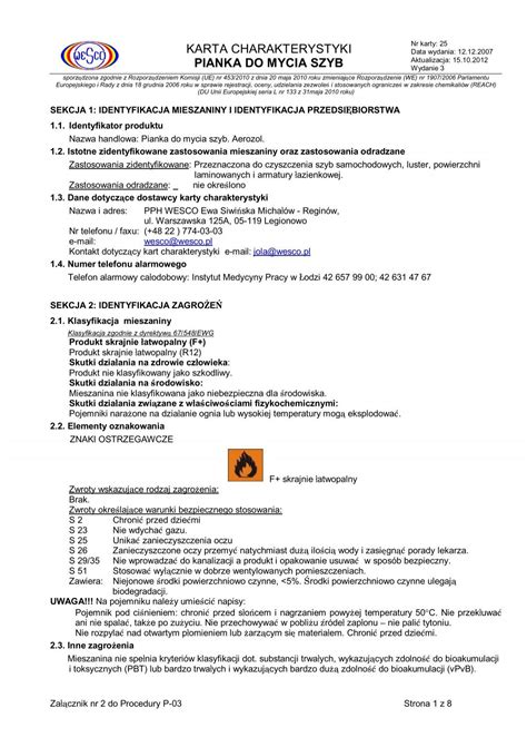 KARTA CHARAKTERYSTYKI PIANKA DO MYCIA SZYB Wesco