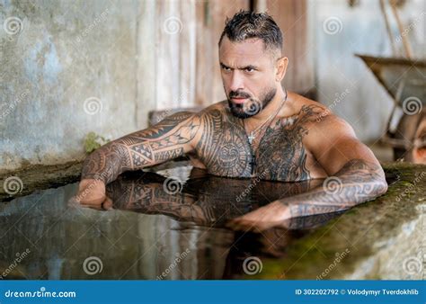 Farmer Man Washing On Farm Man Washing In Nature Wellness Man