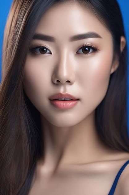 Joven asiática tetona de cabello largo con estilo de maquillaje desnudo