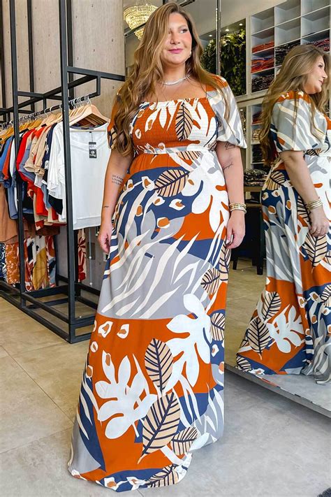 Vestido Longo Plus Size Lastex Estampado Vk Moda Plus Size