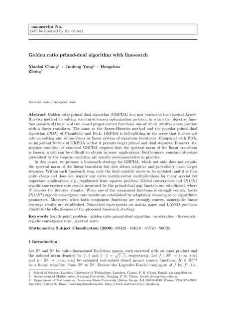 pdf golden ratio primal dual algorithm with linesearch
