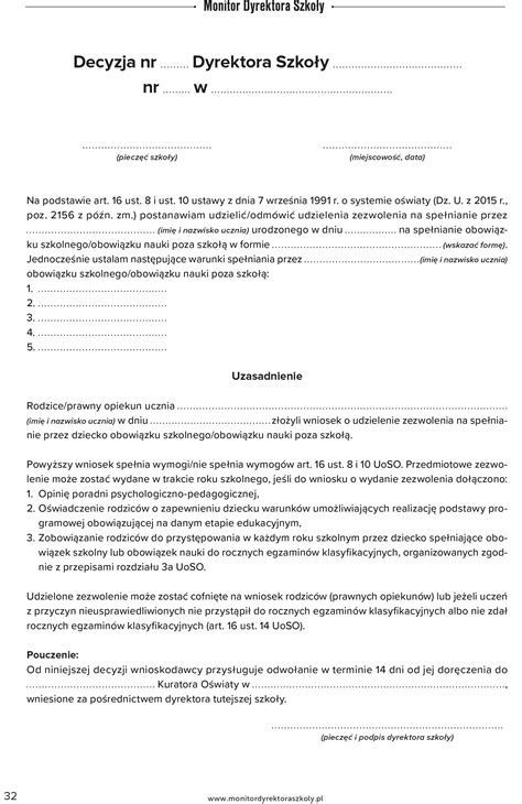 Decyzja dyrektora w sprawie odmowy spełnienia obowiazku szkolnego poza