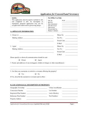 Fillable Online APPLICATION FOR CONSENTNEW LOT SEVERANCE Land