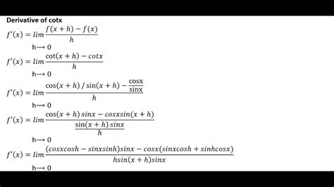 derivative of cotx using definition of limits or first principle youtube