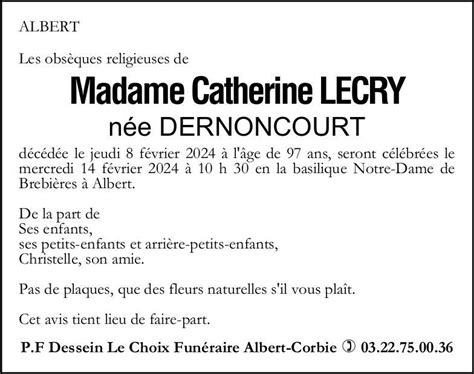 Madame Catherine LECRY née DERNONCOURT Pompes Funèbres Dessein