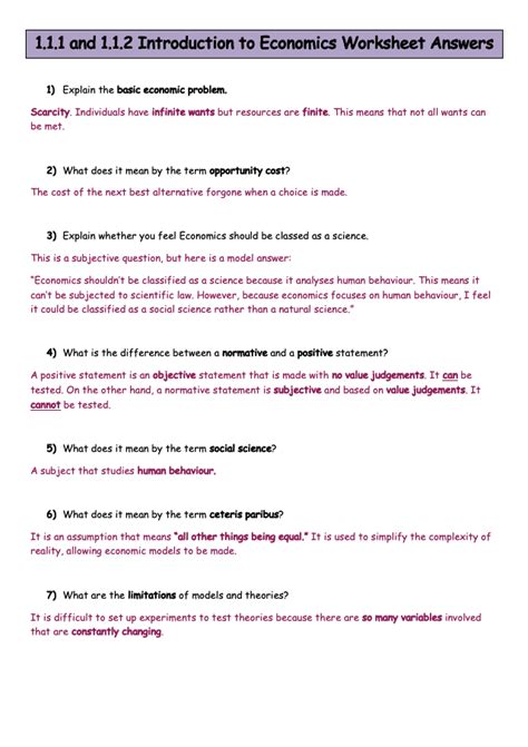 Introduction To Economics Worksheet A Level Economics Teaching
