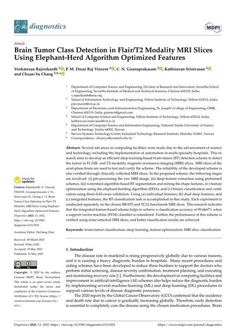 pdf brain tumor class detection in flair t2 modality mri slices using elephant herd algorithm