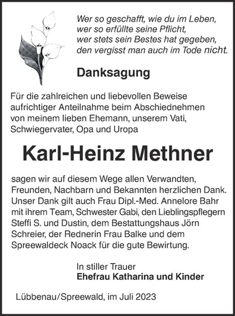 Traueranzeigen Von Karl Heinz Methner Lr Online Trauer De