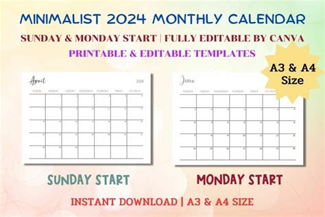 Monthly Calendar 2024 Printable A3 Erica Jacinda