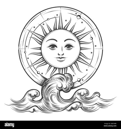 Human Face Sun And Ocean Waves Drawn In Engraving Style Isolated On