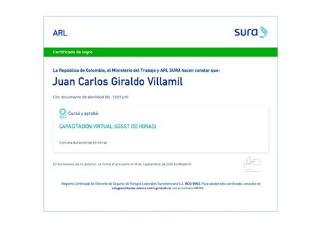 Certificado Capacitacion Virtual Sgsst 50 Horas ARL Sura