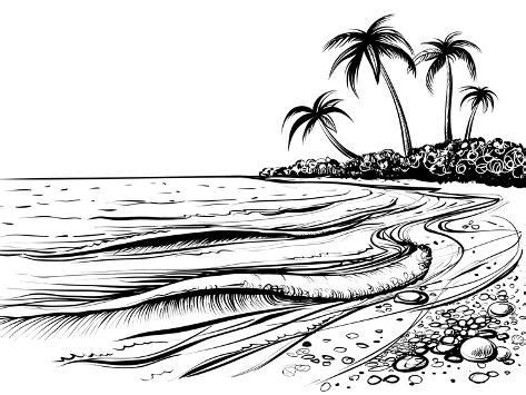 Ocean Or Sea Beach With Waves Sketch Black And White Vector