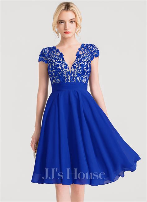 A Line V Neck Knee Length Chiffon Cocktail Dress With Ruffle 016150447