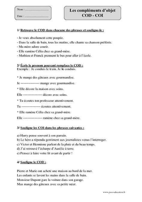 COD COI Cm2 Exercices corrigés Grammaire Cycle 3 Pass Education