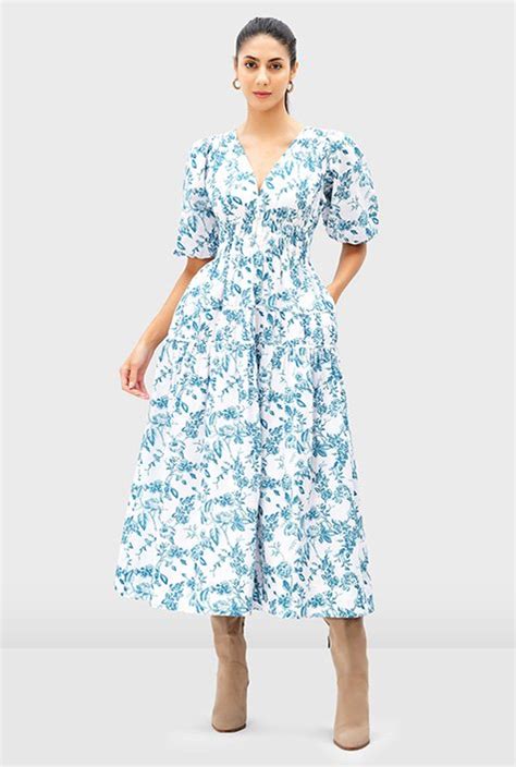 Shop Smocked Floral Print Cotton Linen Tier Dress EShakti