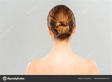 Back View Naked Woman Standing Isolated Grey Stock Photo