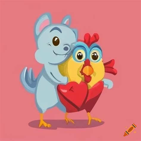 Cartoon Of Chicken And Mouse In Love Holding Hands