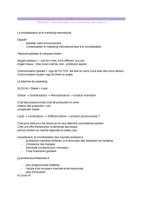 Chap 1 MKG Notes de cours 1 1 SÉANCE 1 Mondialisation et le
