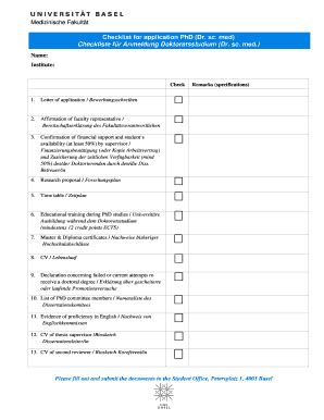Fillable Online Medizin Unibas Checklist For Application PhD Dr Sc