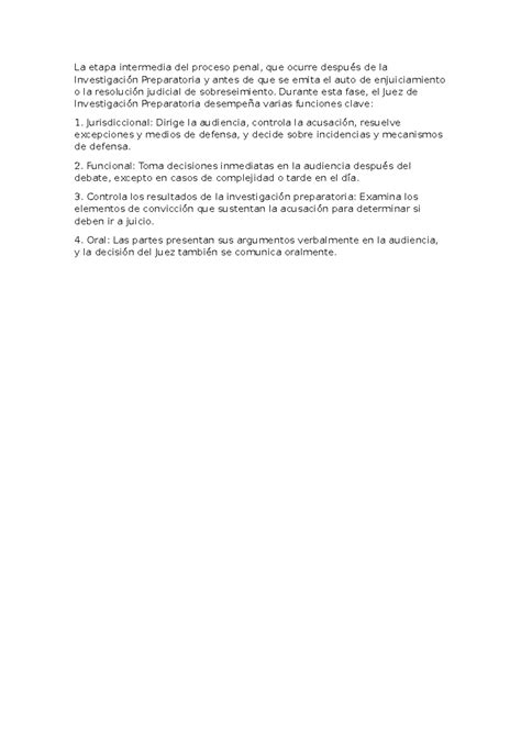 La Etapa Intermedia Del Proceso Penal Durante Esta Fase El Juez De