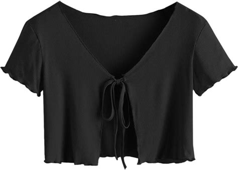 SweatyRocks Women S Tie Up Crop Top Short Sleeve Ribbed Knit Open Front