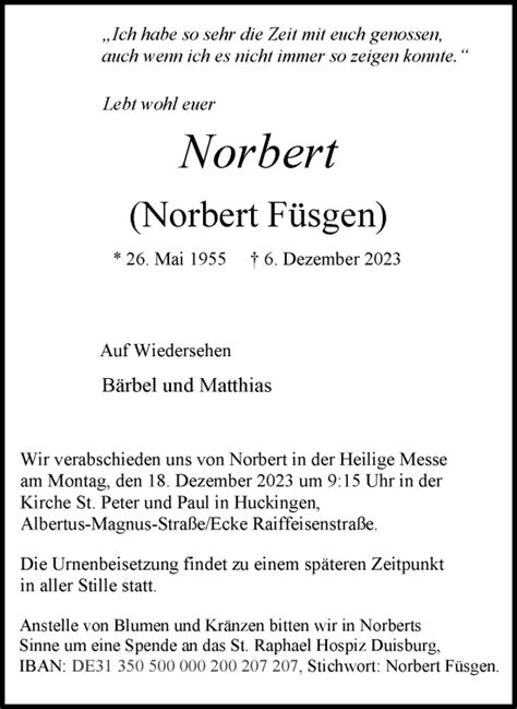 Traueranzeigen von Norbert Füsgen Trauer in NRW de