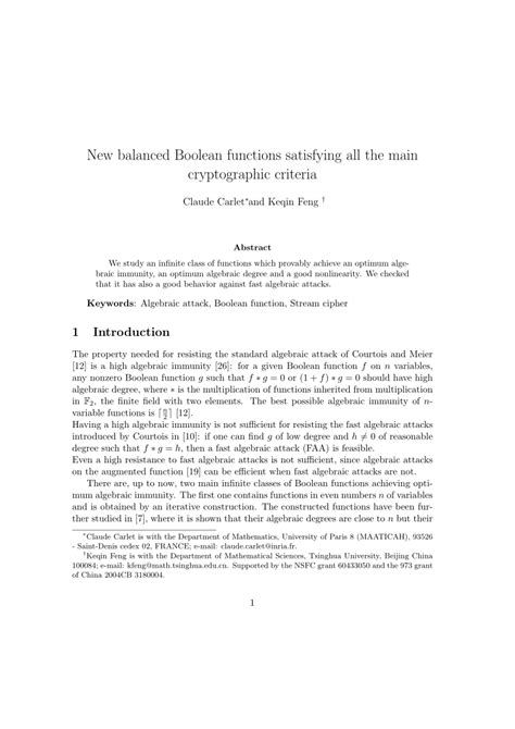 pdf new balanced boolean functions satisfying all the main cryptographic criteria