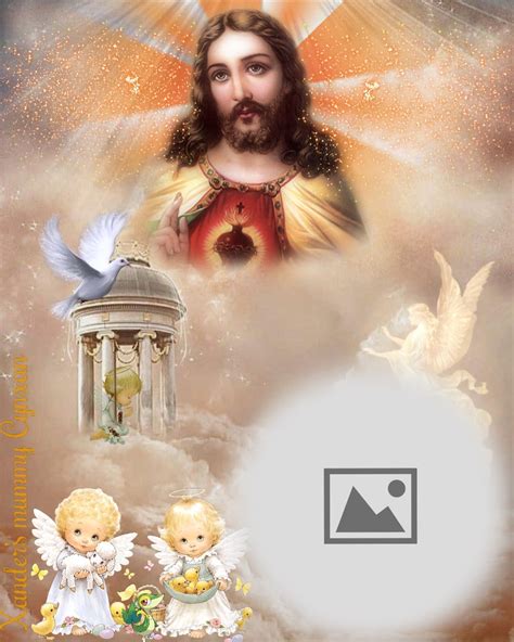 An Image Of Jesus Surrounded By Angels In The Sky With Doves And A Bird
