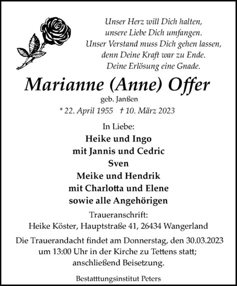Traueranzeigen Von Marianne Offer Nordwest Trauer De