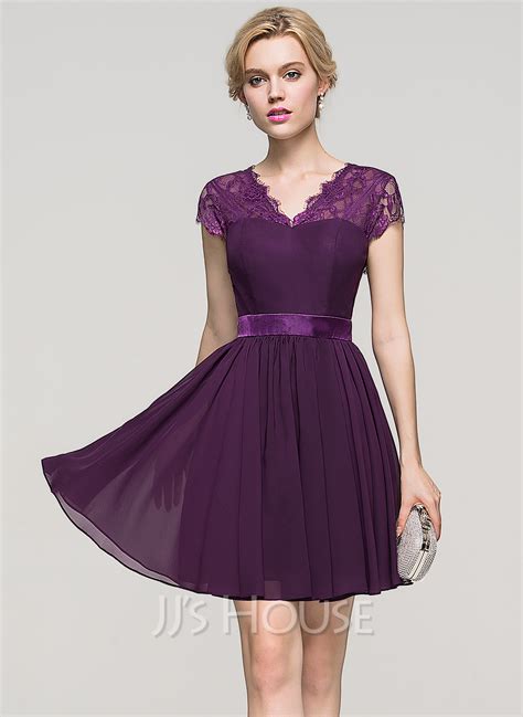 A Line Princess V Neck Short Mini Chiffon Cocktail Dress With Bow S