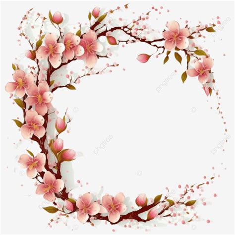 Cherry Blossom Branches Spring Pink Flowers Border Isolated On White