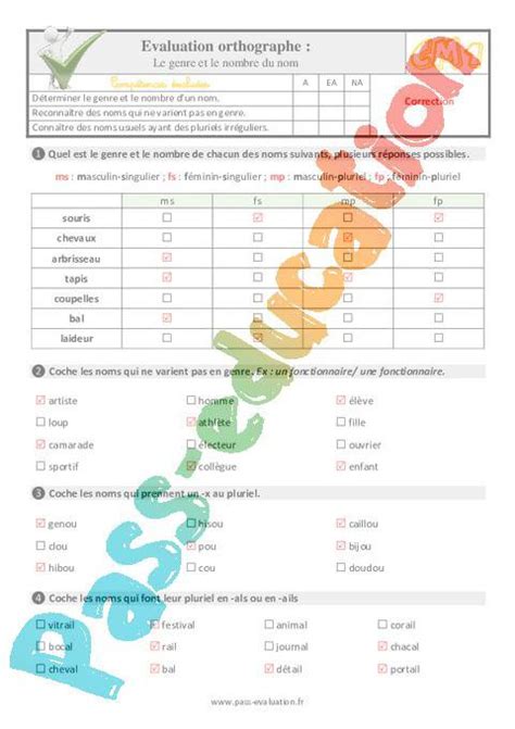 Le genre et le nombre du nom au Cm1 Evaluation QCM Quiz PDF à