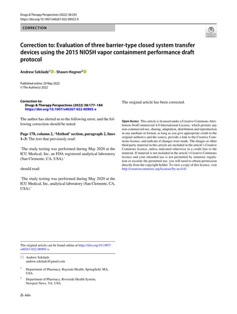 pdf correction to evaluation of three barrier type closed system transfer devices using the