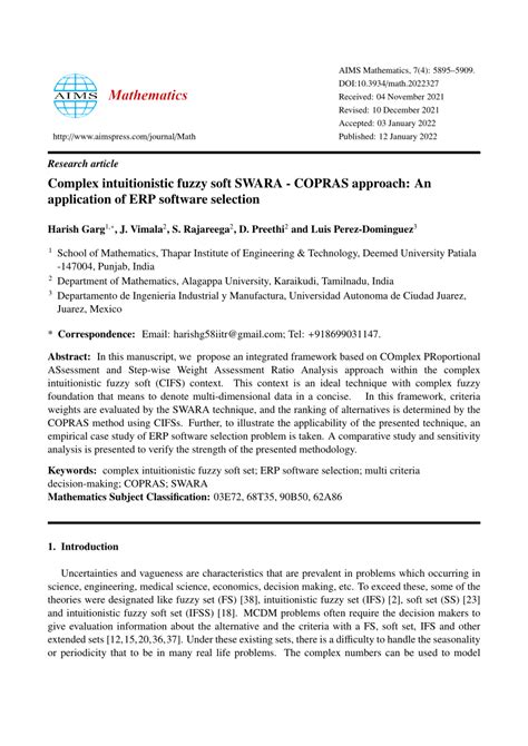 pdf complex intuitionistic fuzzy soft swara copras approach an application of erp software