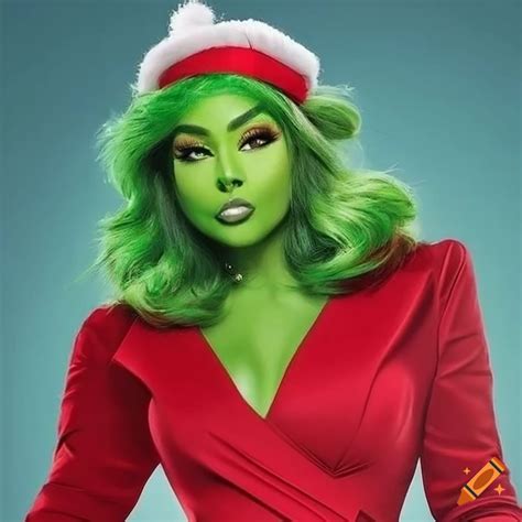 Glamorous Lady Grinch In Red Dress And Green Hair On Craiyon