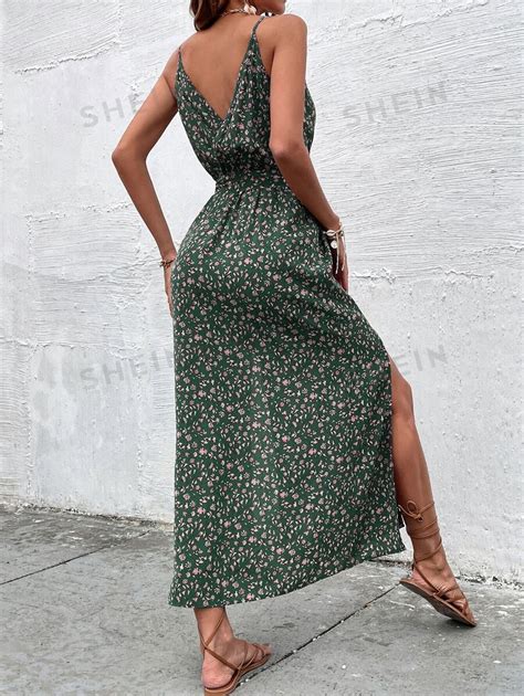 SHEIN VCAY Vestido de tirantes con cinturón bajo con abertura con